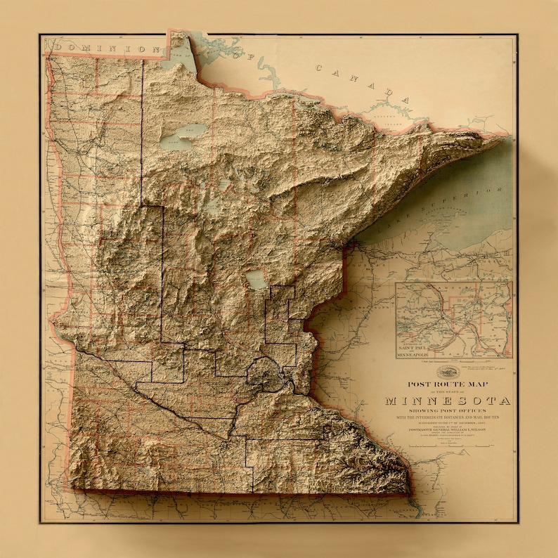 Minnesota Map Relief Map of Minnesota Minnesota Old Map Vintage Map of ...
