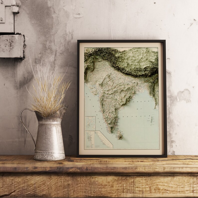 India Map - India Relief Map - India Vintage Map - India Topo Map ...