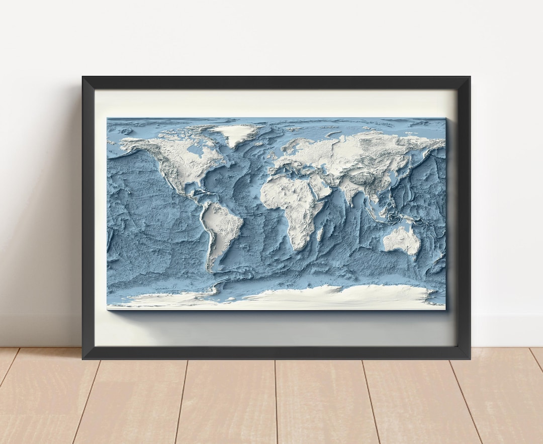 Bathymetric World Map With Shaded Relief and Blue Ocean | World Framed ...