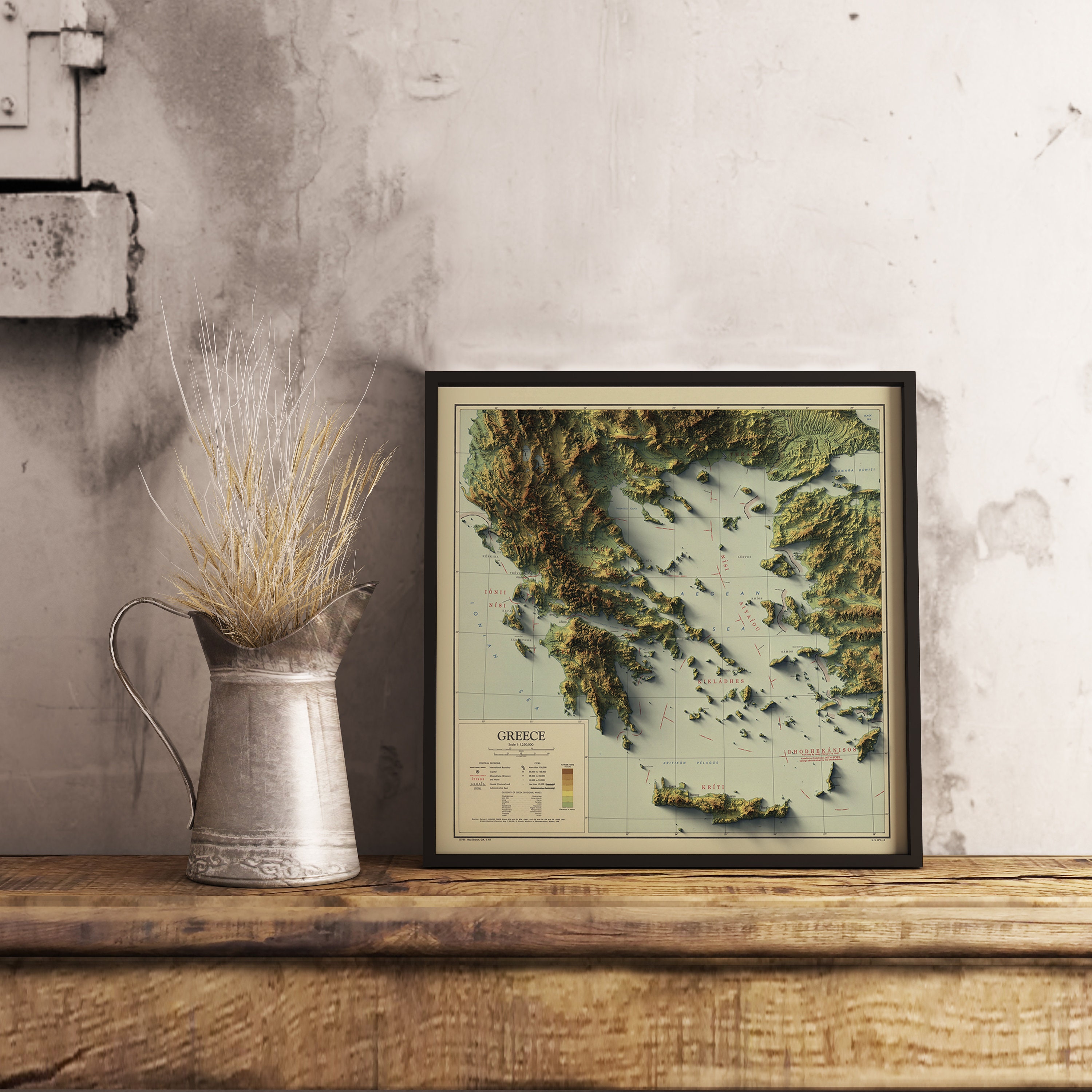 Greece Map Greece Relief Map Greece Vintage Map Greece Print Greece ...