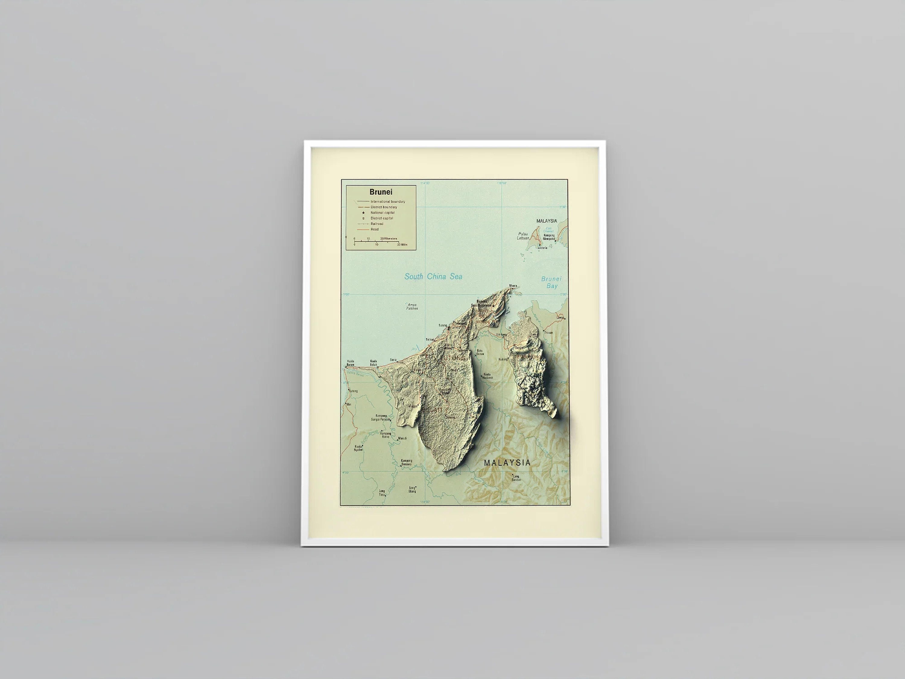 Brunei Map 1984, Brunei Relief Map, Brunei Wall Decor, Brunei Vintage ...