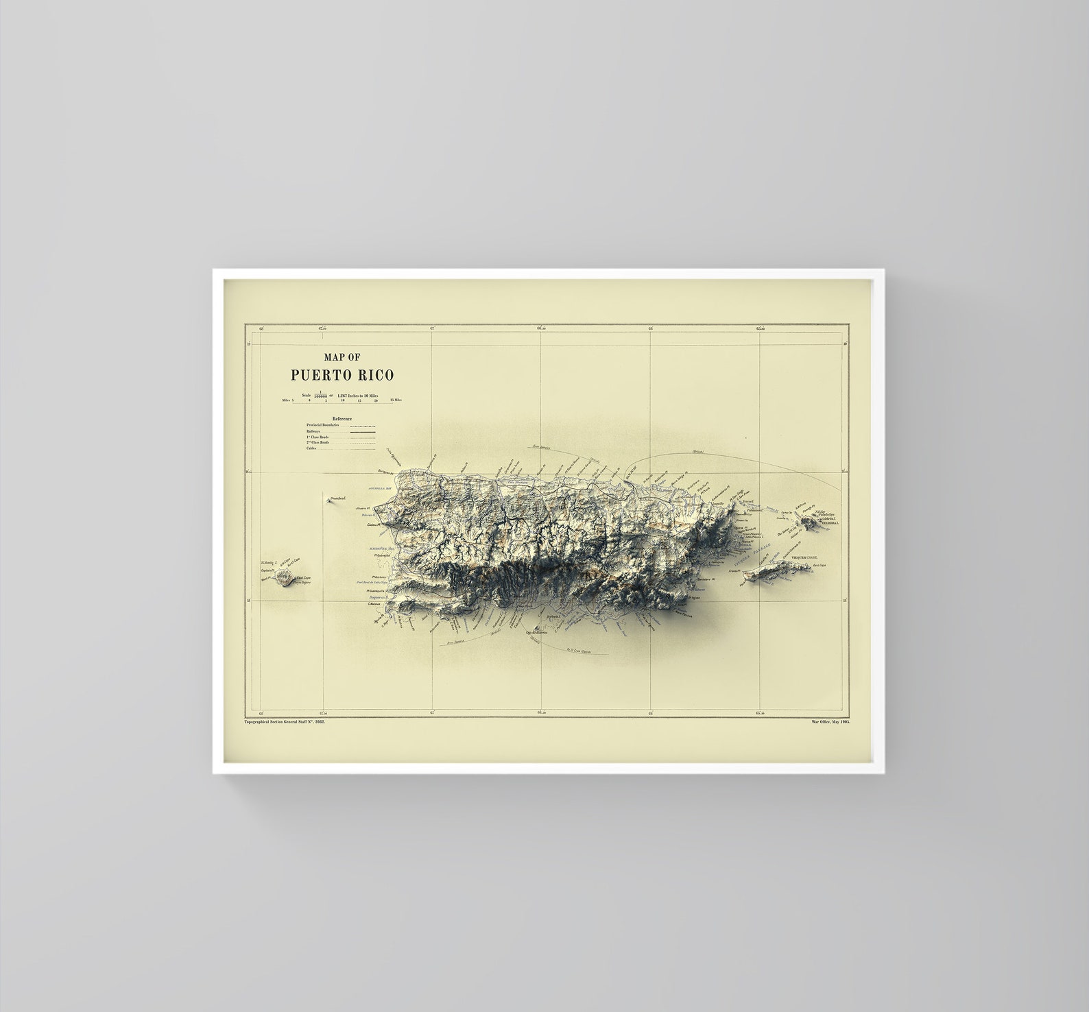 Puerto Rico Map 1905, Puerto Rico Relief Map, Puerto Rico Wall Decor ...