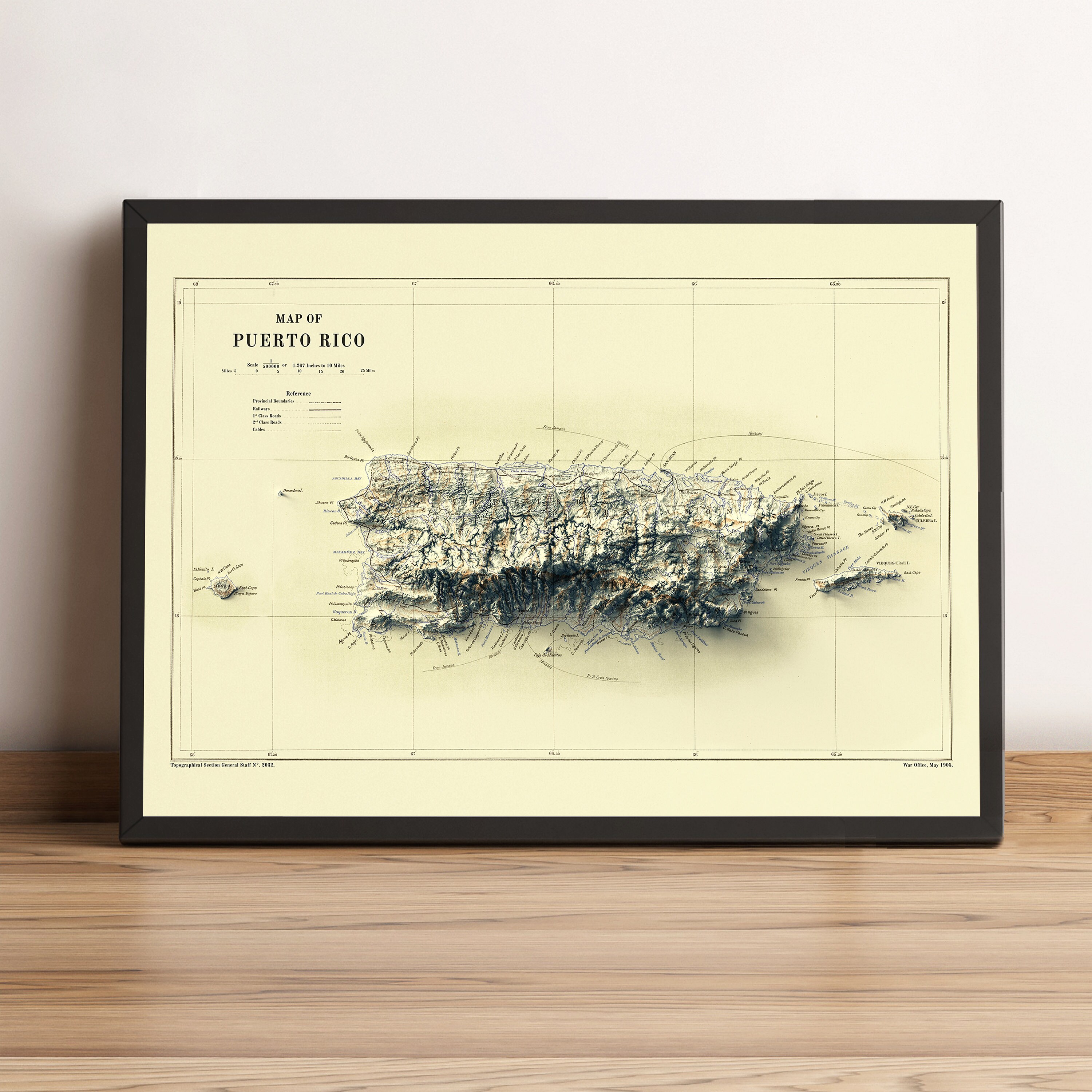 Puerto Rico Map 1905, Puerto Rico Relief Map, Puerto Rico Wall Decor ...