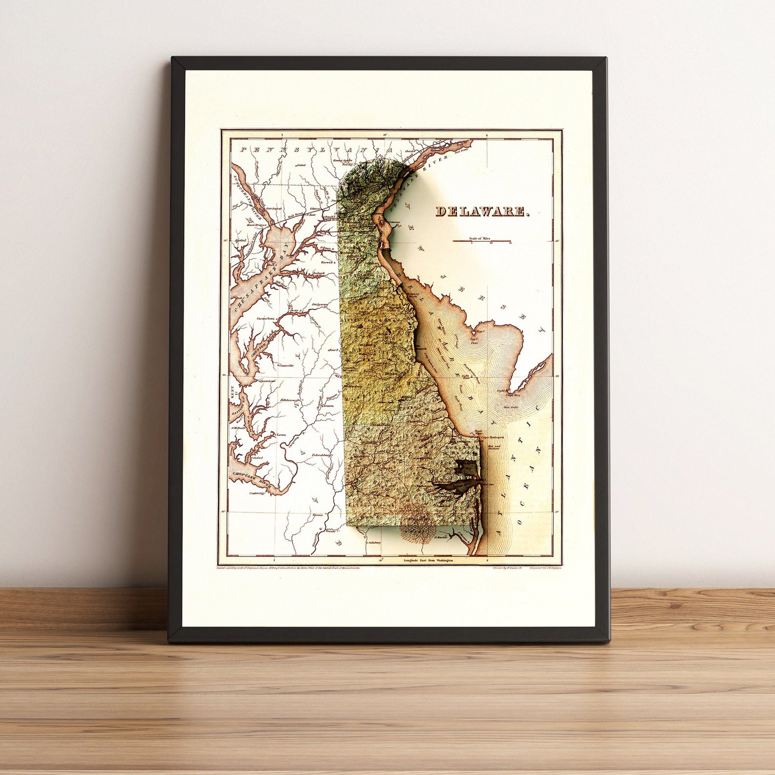 Delaware Map 1838, Delaware Relief Map, Delaware Wall Decor, Delaware Vintage Map, Delaware ...