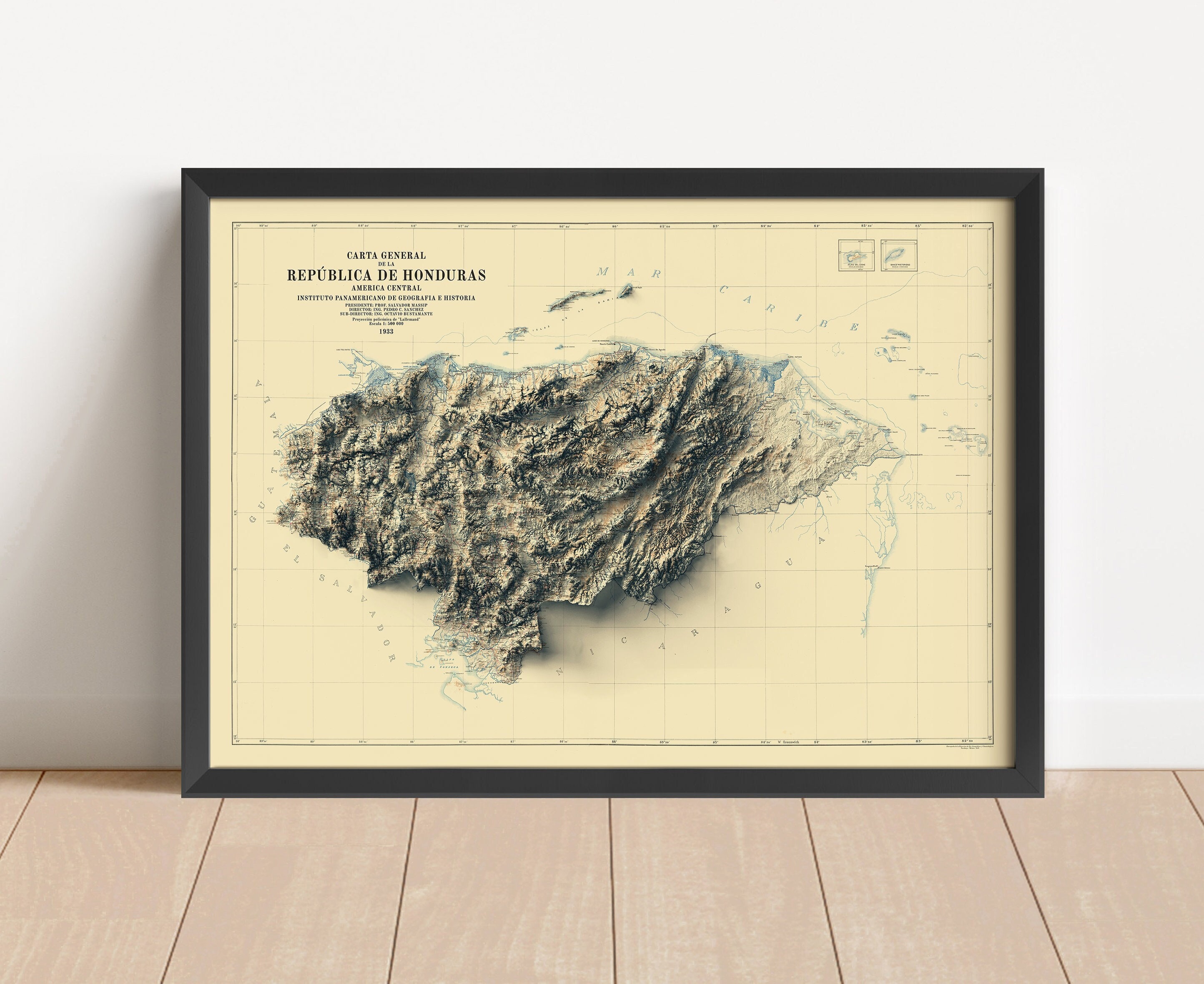 Honduras Map 1933, Honduras Relief Map, Honduras Wall Decor, Honduras ...