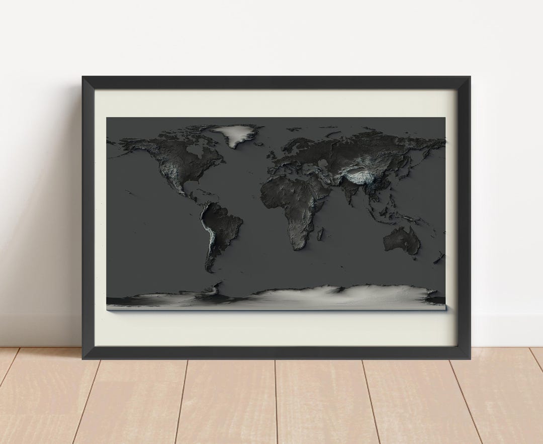 World Shaded Relief Map With Dark Tones | World Framed Map | Globe Wall ...