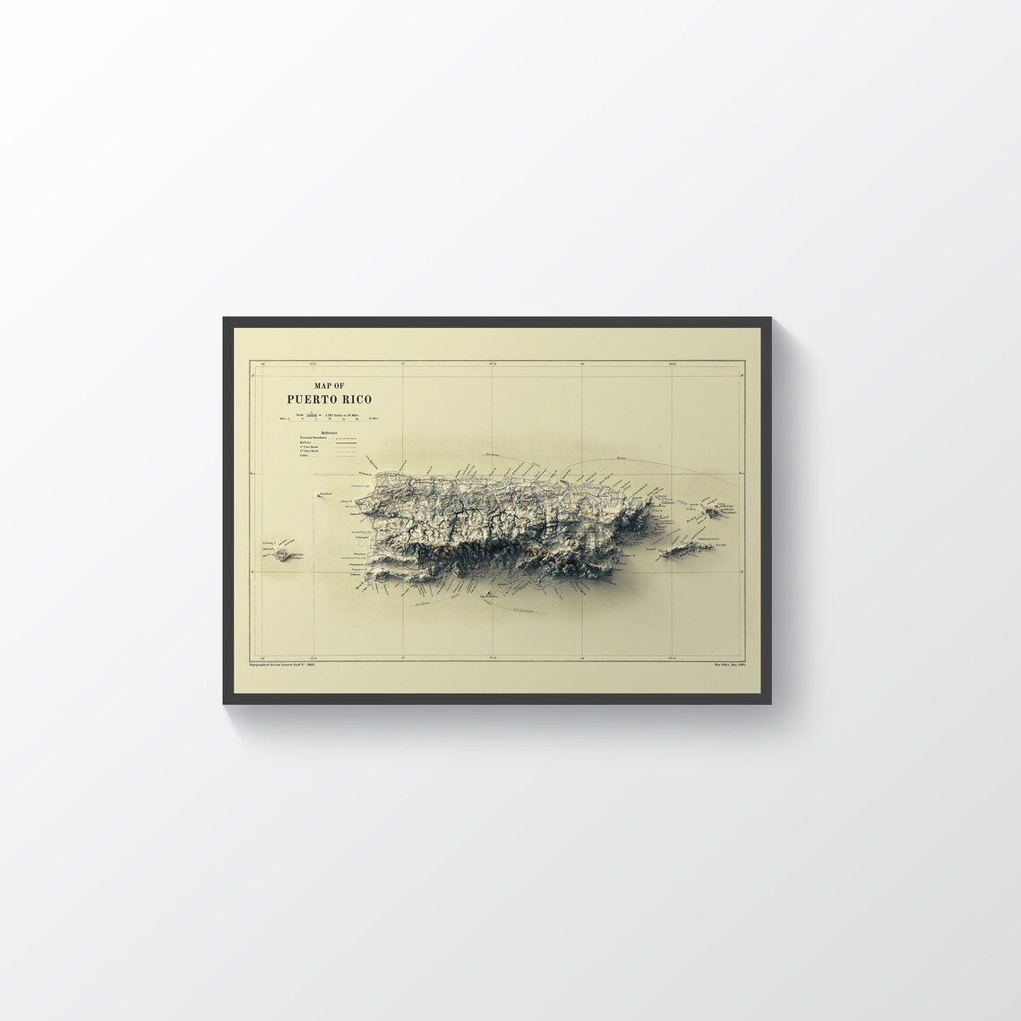 Puerto Rico Map 1905, Puerto Rico Relief Map, Puerto Rico Wall Decor ...