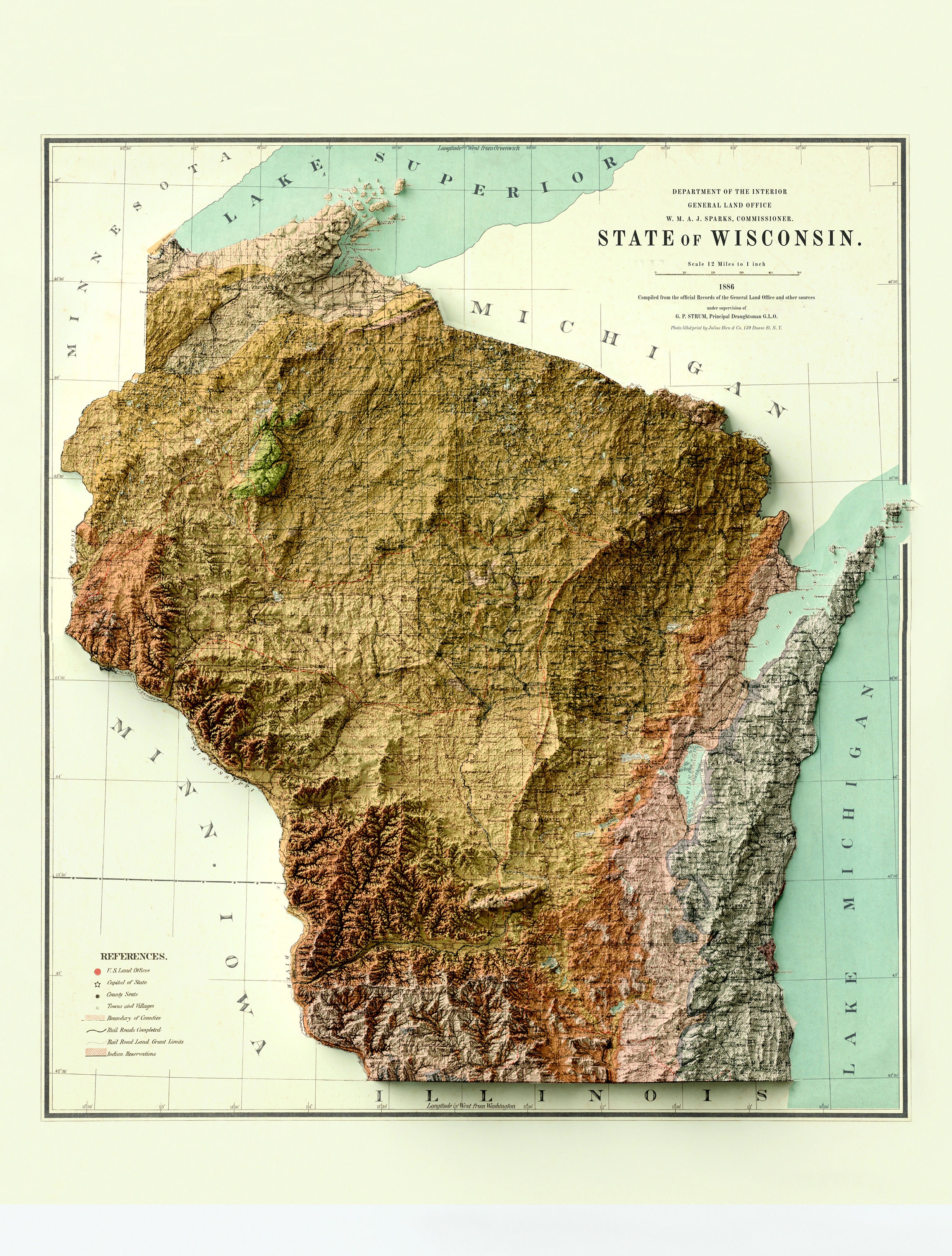 Wisconsin Map Wisconsin Relief Map Vintage Map of - Etsy