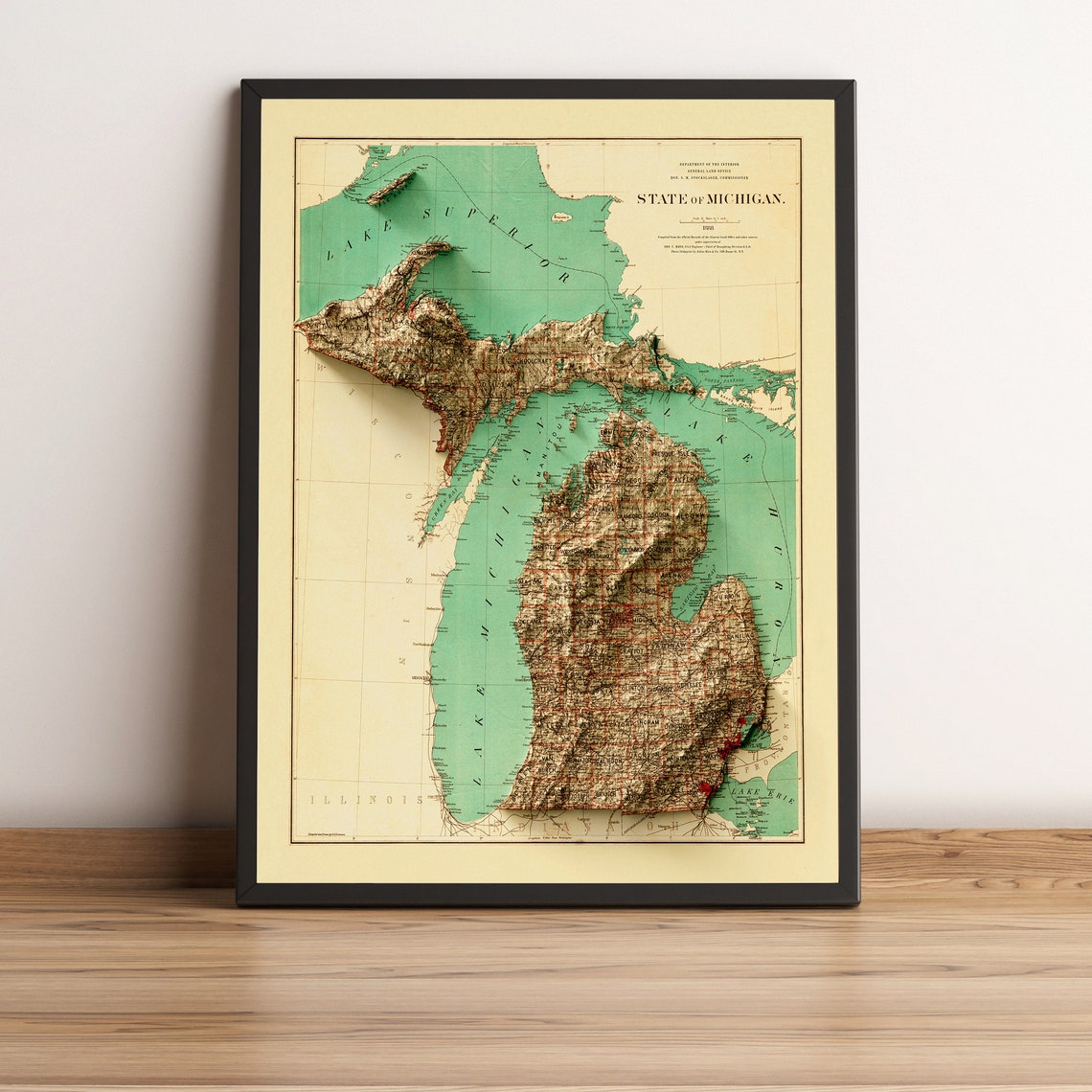 Michigan Map Michigan Relief Map Vintage Map of Michigan Michigan Print ...