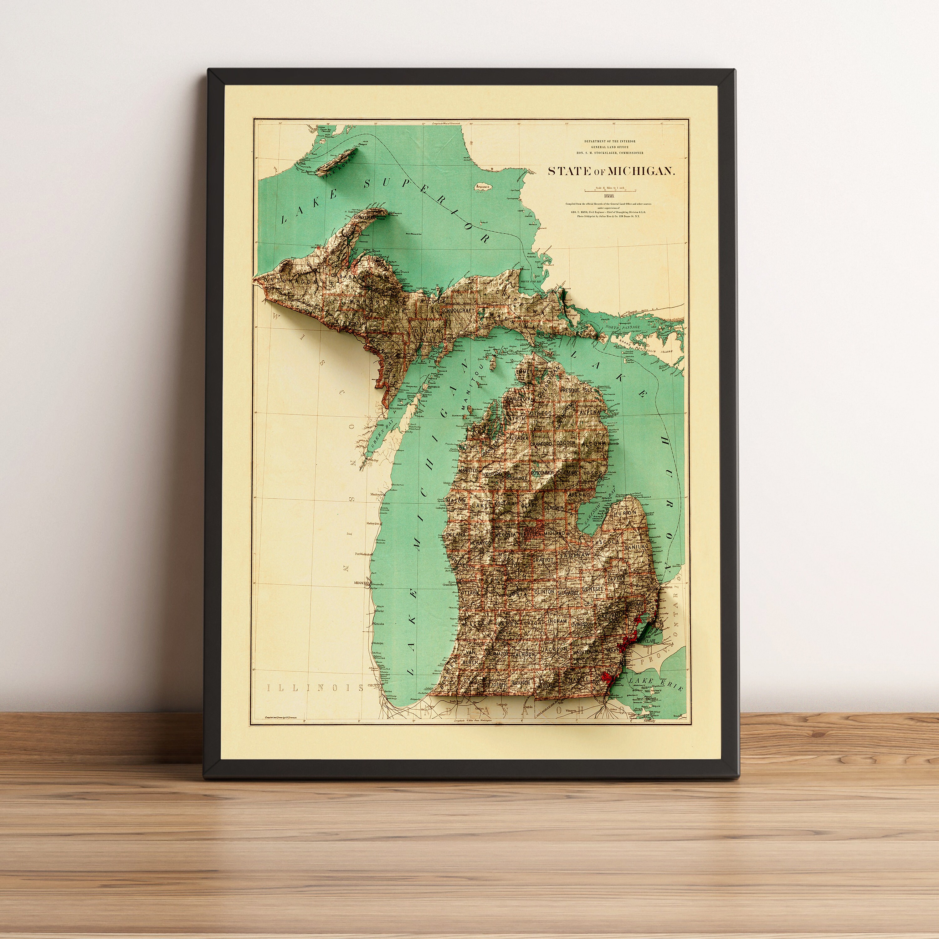 Michigan Map Michigan Relief Map Vintage Map of Michigan Michigan Print ...