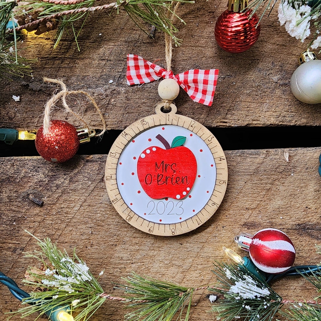 Personalized Teacher Christmas Ornament: Engraved Wood Apple & Ruler - Etsy