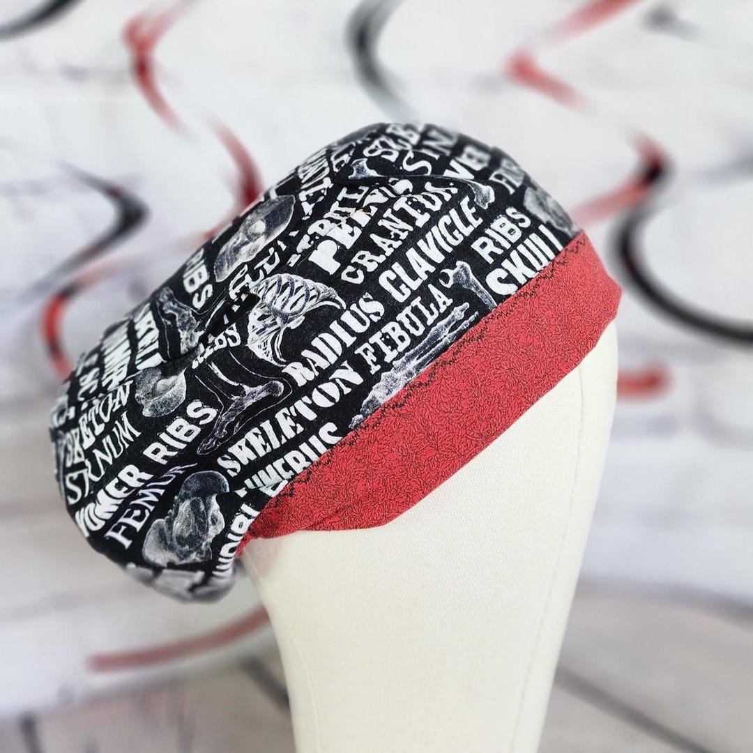Dem Bones Scrub Hat, Red Contrast, Reversible Euro Style Cap - Etsy