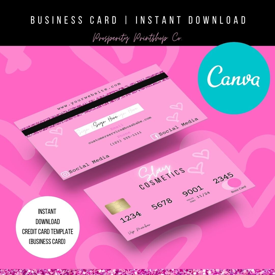 Pink Glitter Credit Card Business Card Template (instant Download) - Etsy