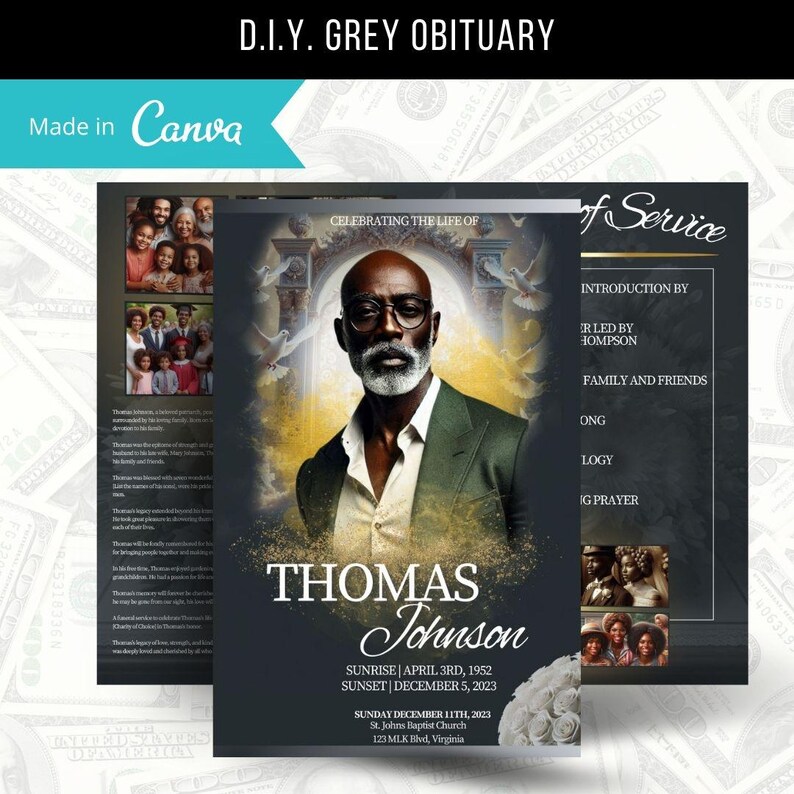 Editable Funeral Program Template, Bi-fold Obituary, Canva (digital ...