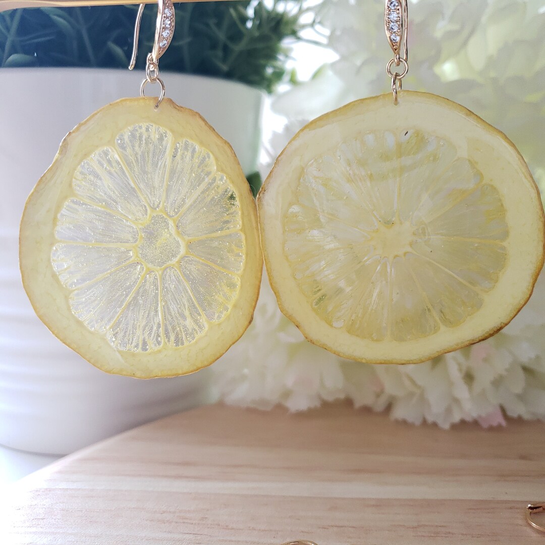 Lemon Earrings, Inner Slice Lemon, Real Pressed Fruit Resin Drop ...