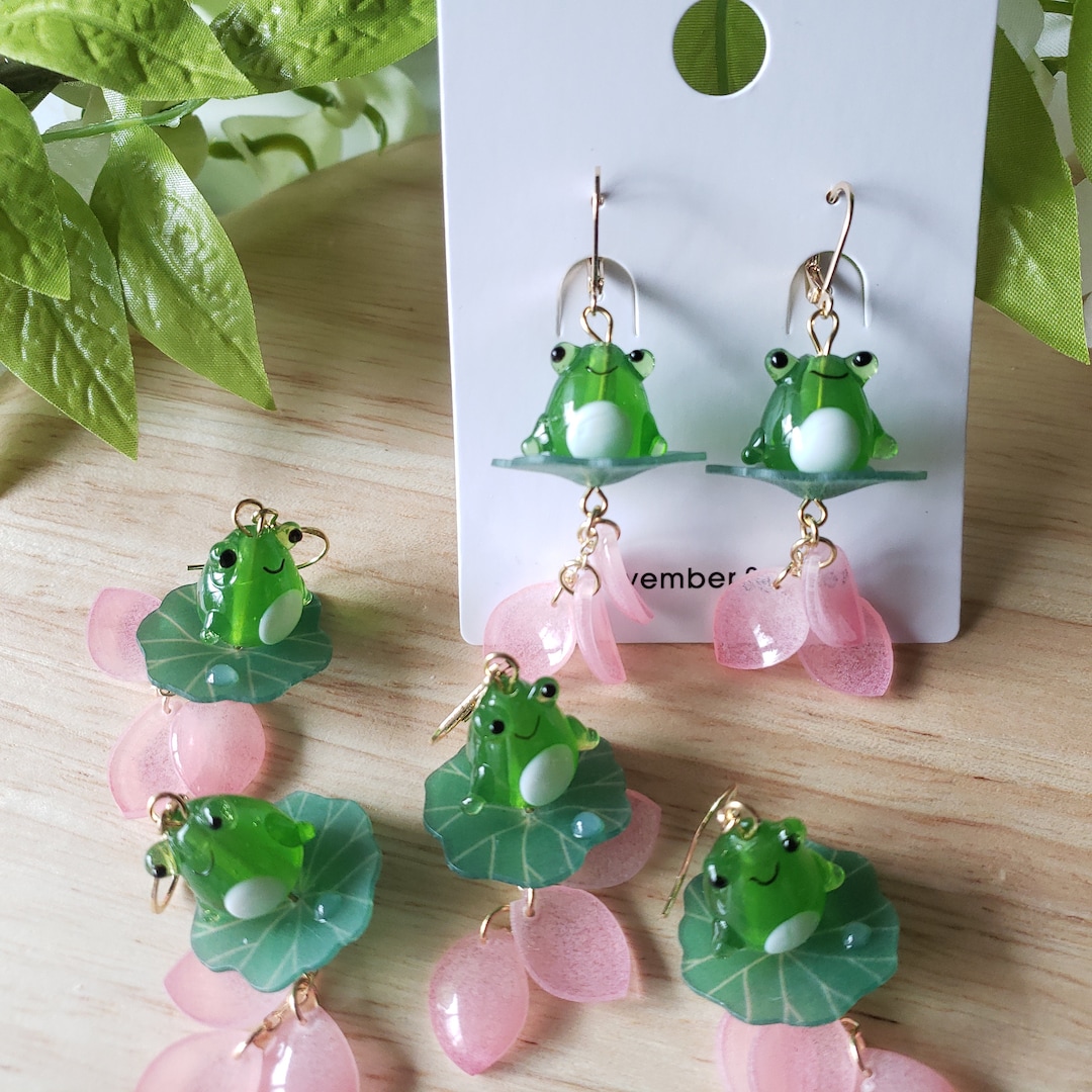 Frog on Lily Pad Earrings, Frog and Floral Petals Lovely Drop Earrings ...