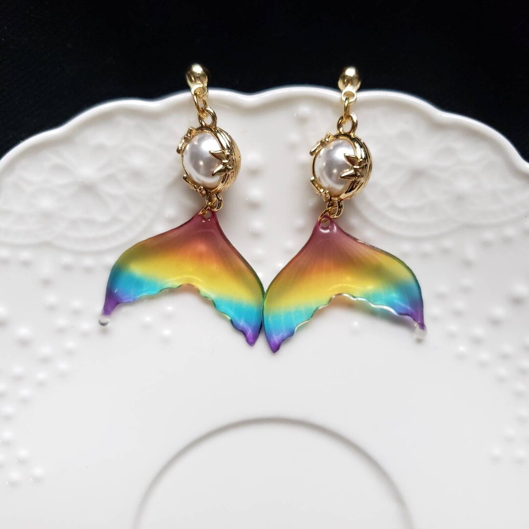 Rainbow Mermaid Tail Earrings, Ocean and Pearl Earrings, Cute Drop ...