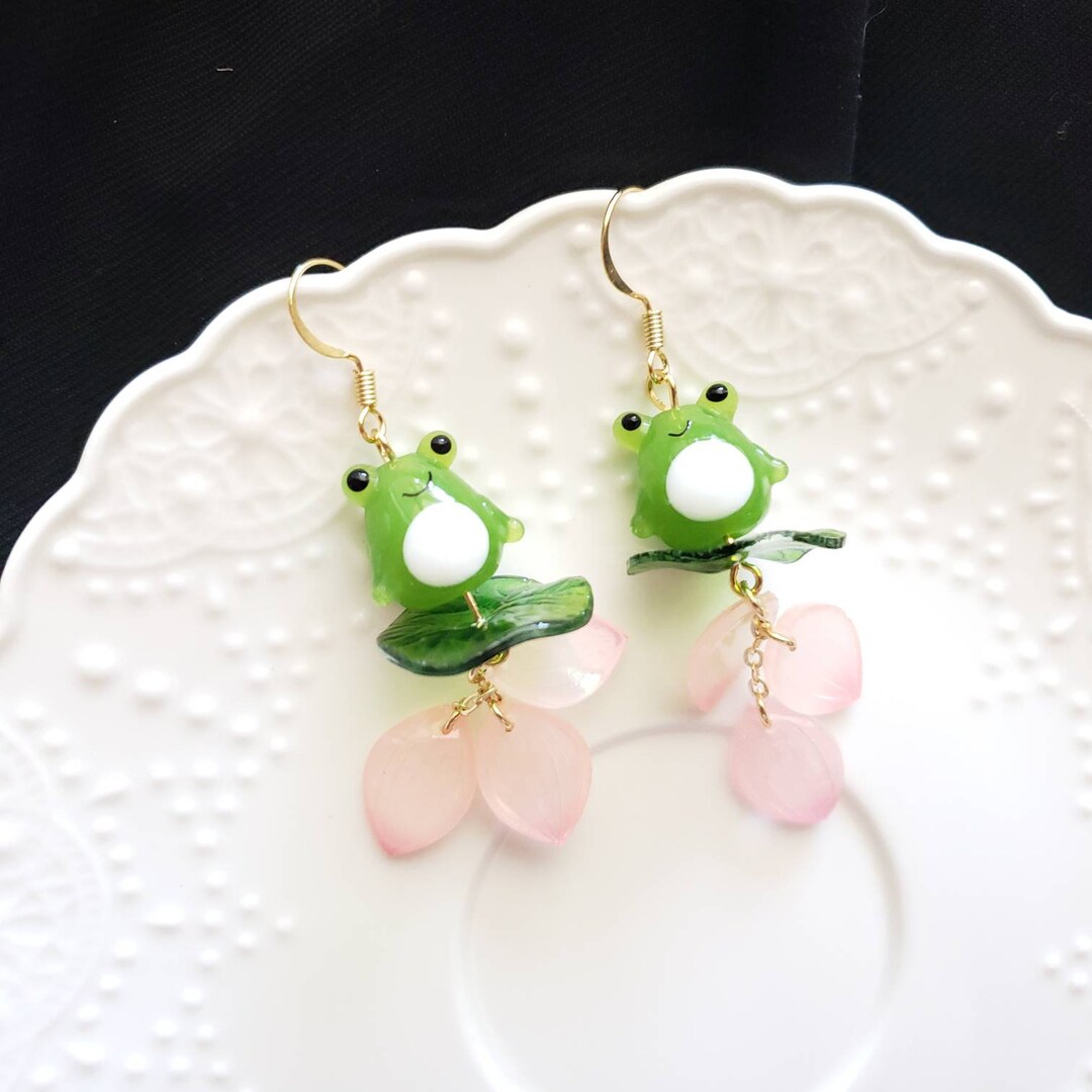Frog on Lily Pad Earrings, Frog and Floral Petals Lovely Drop Earrings ...