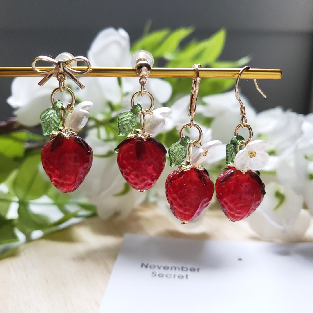 Strawberry Earrings, Glass Red Strawberry Drop Earrings, Food Earrings ...