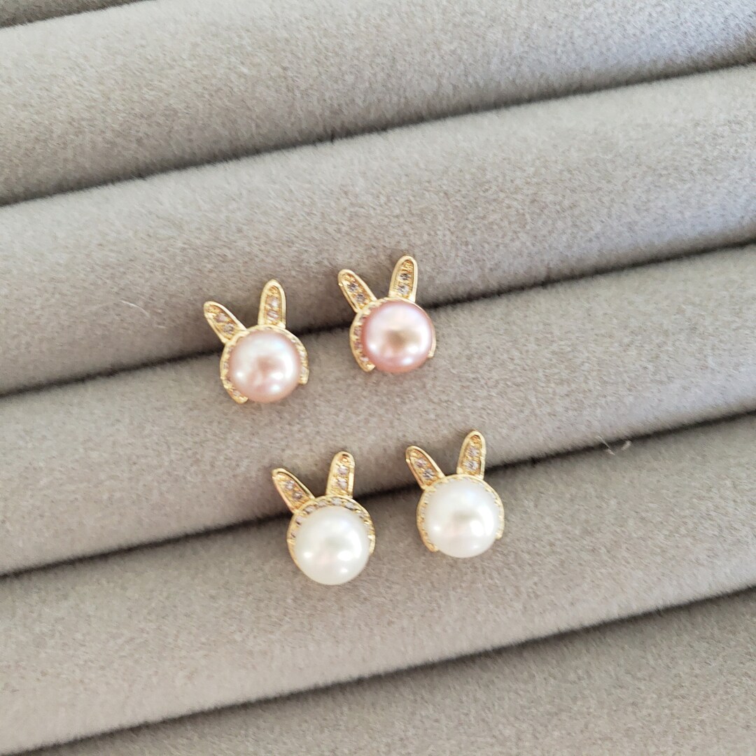 Bunny Head Stud Earrings, Cute Rabbit Earrings, Freshwater Pearl ...
