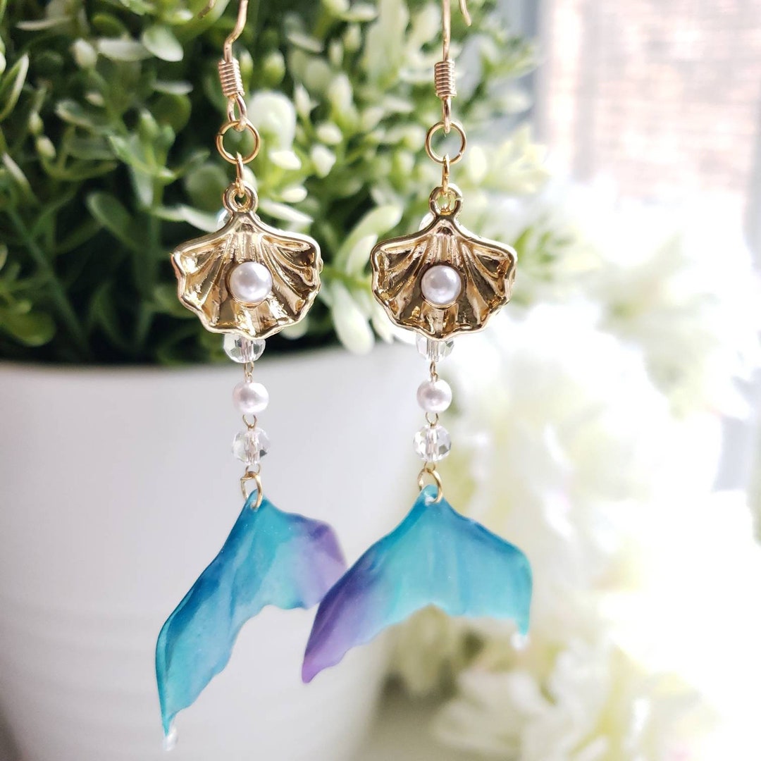 Mermaid Tail Earrings, Ocean Shell Earrings, Cute Drop Earrings - Etsy