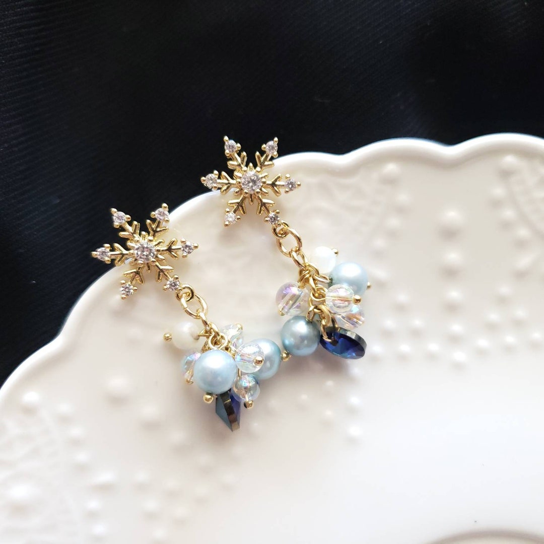 Elsa Frozen Earrings, Snowflake and Blue Beads Earrings, Lovely Drop ...