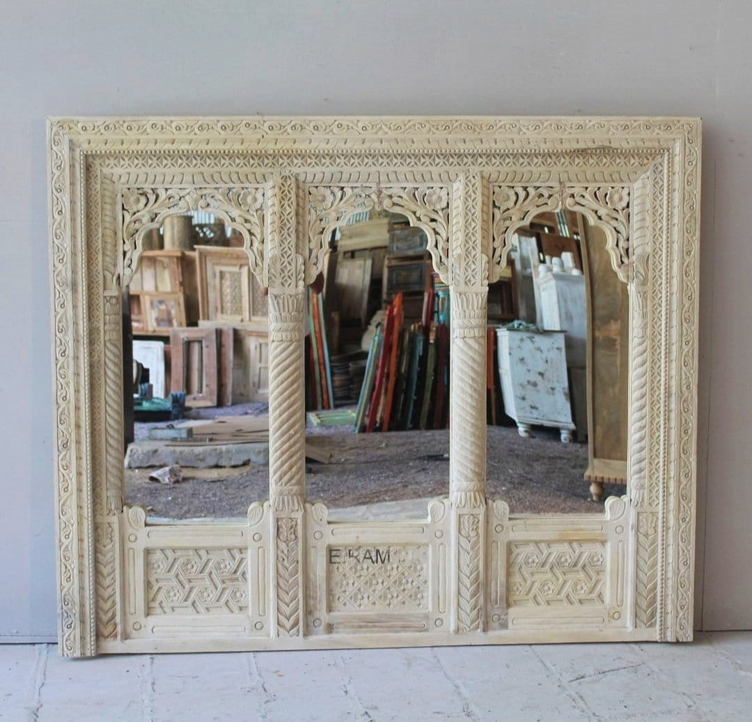 Indian Jharokha Mirror, Triple Arch Carved Wooden Mirror, Rustic White ...