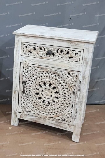 Rustic White Side Table, Indian Carved Bedside Table, Vintage Wooden ...