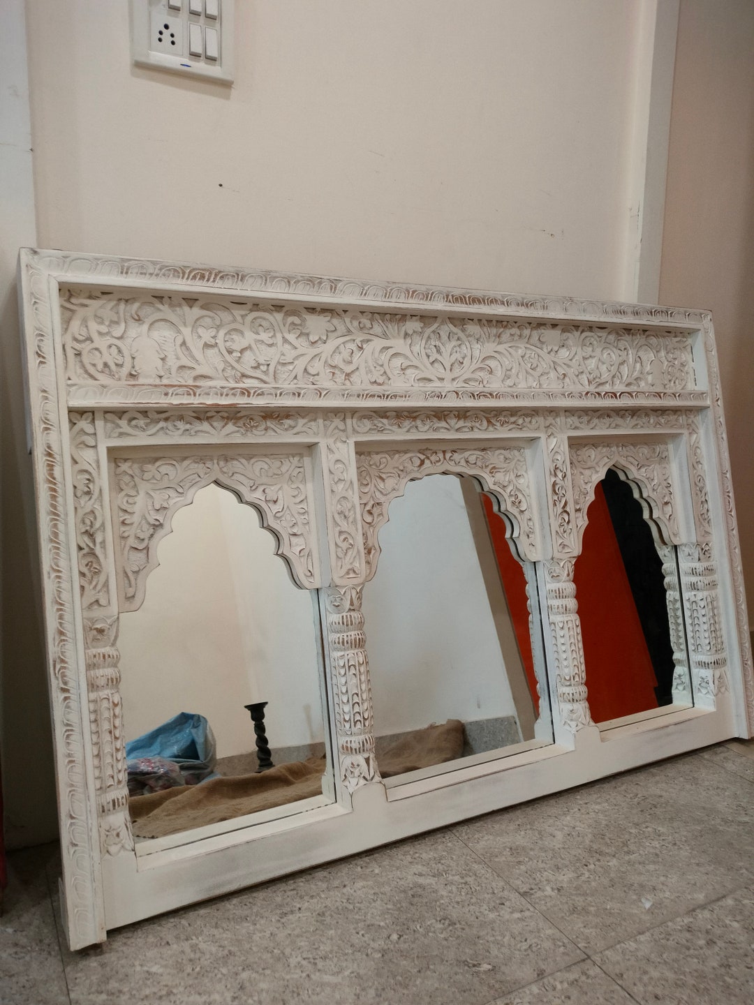 Indian Jharokha Mirror, Triple Arch Carved Wooden Mirror, Rustic White ...