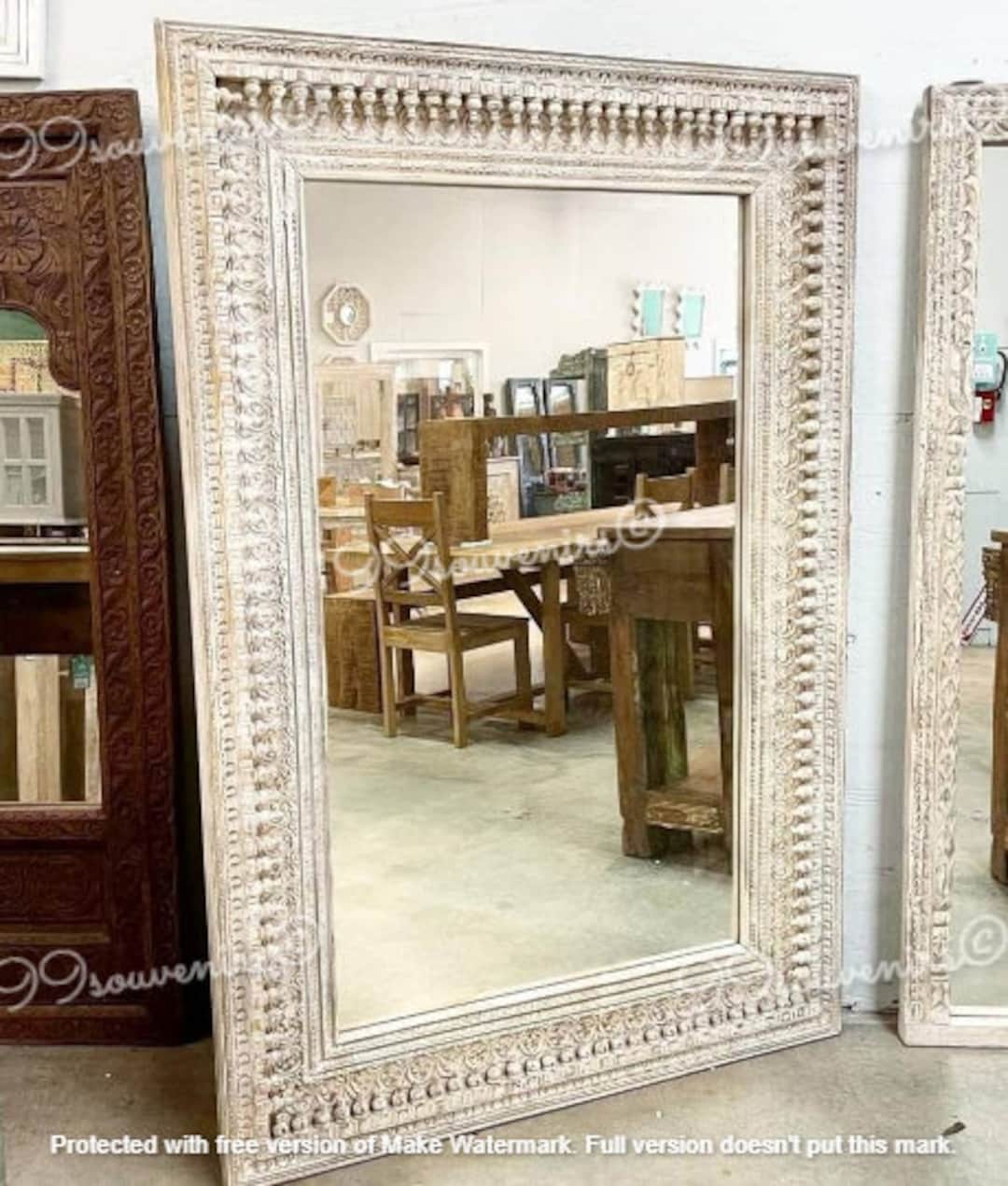 Boho Wall Mirror, Solid Wood Mirror, Indian Mirror Frame, Rustic White ...