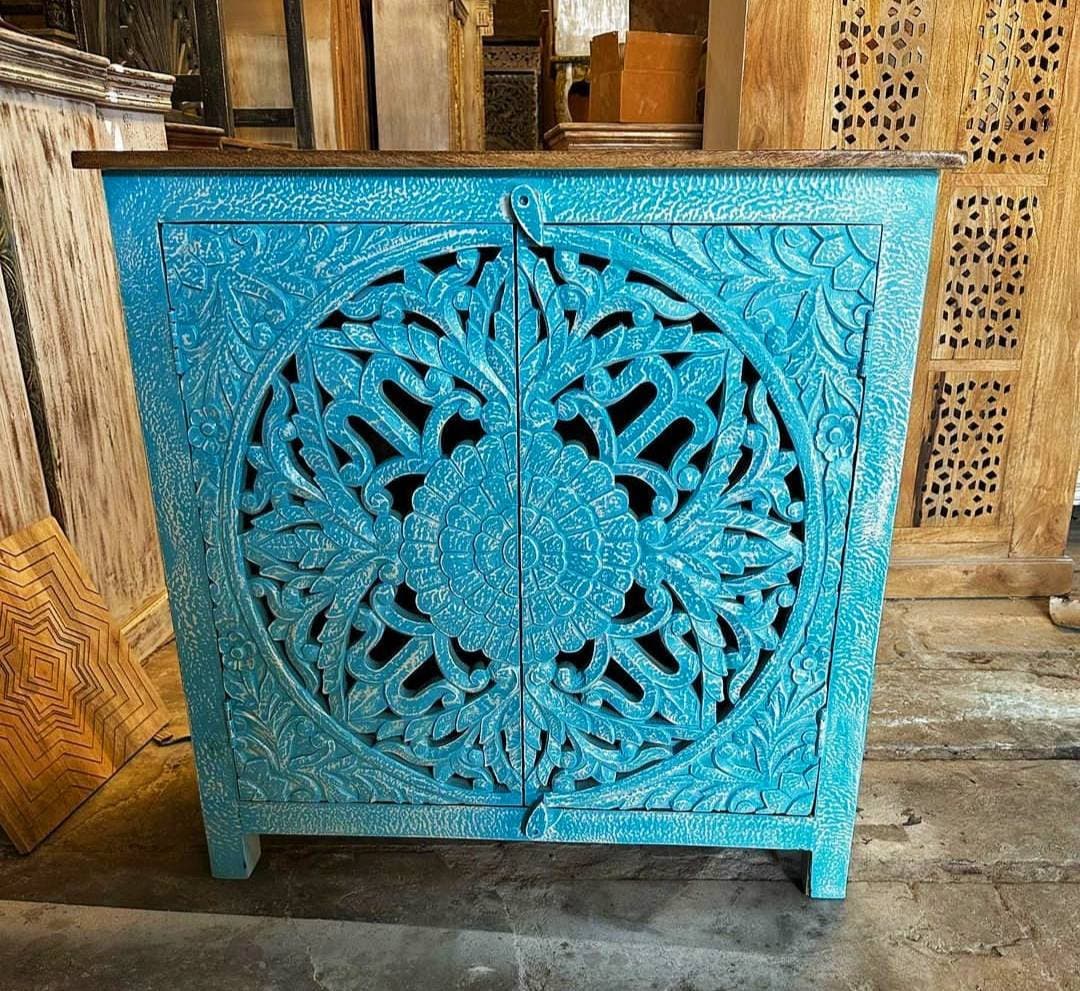 Vintage Style Indian Cabinet, Floral Carved Rustic Blue Wooden Console ...