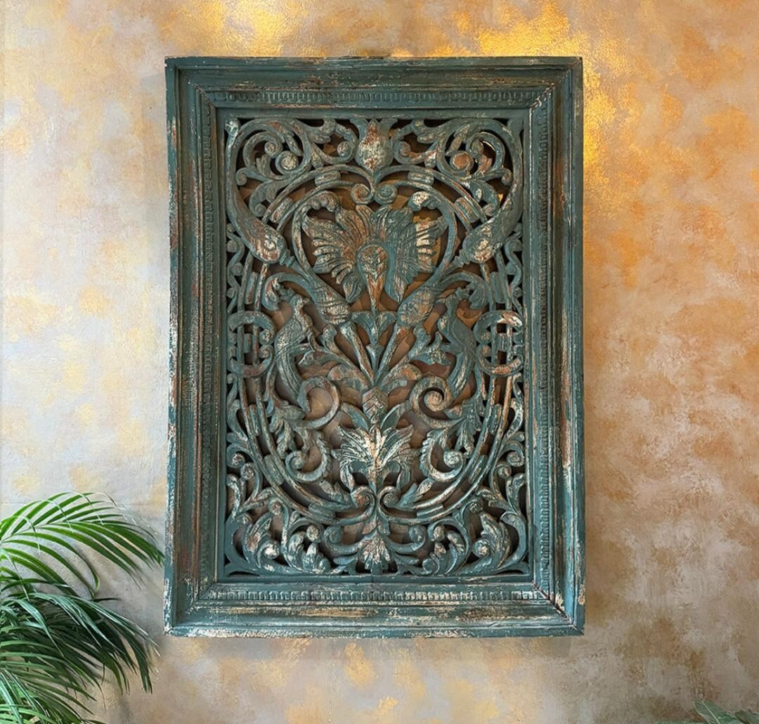 Antique Style Wall Panel in Rustic Blue Finish, Carved Wooden Wall ...