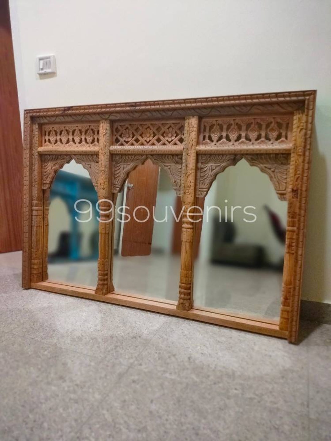 Indian Jharokha Mirror, Carved Wooden Wall Mirror, Rustic Natural Brown ...