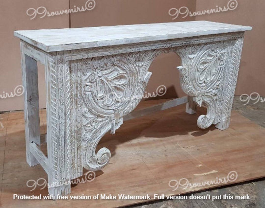 Vintage Style White Console Table, Wooden Rustic Console, Carved Indian ...