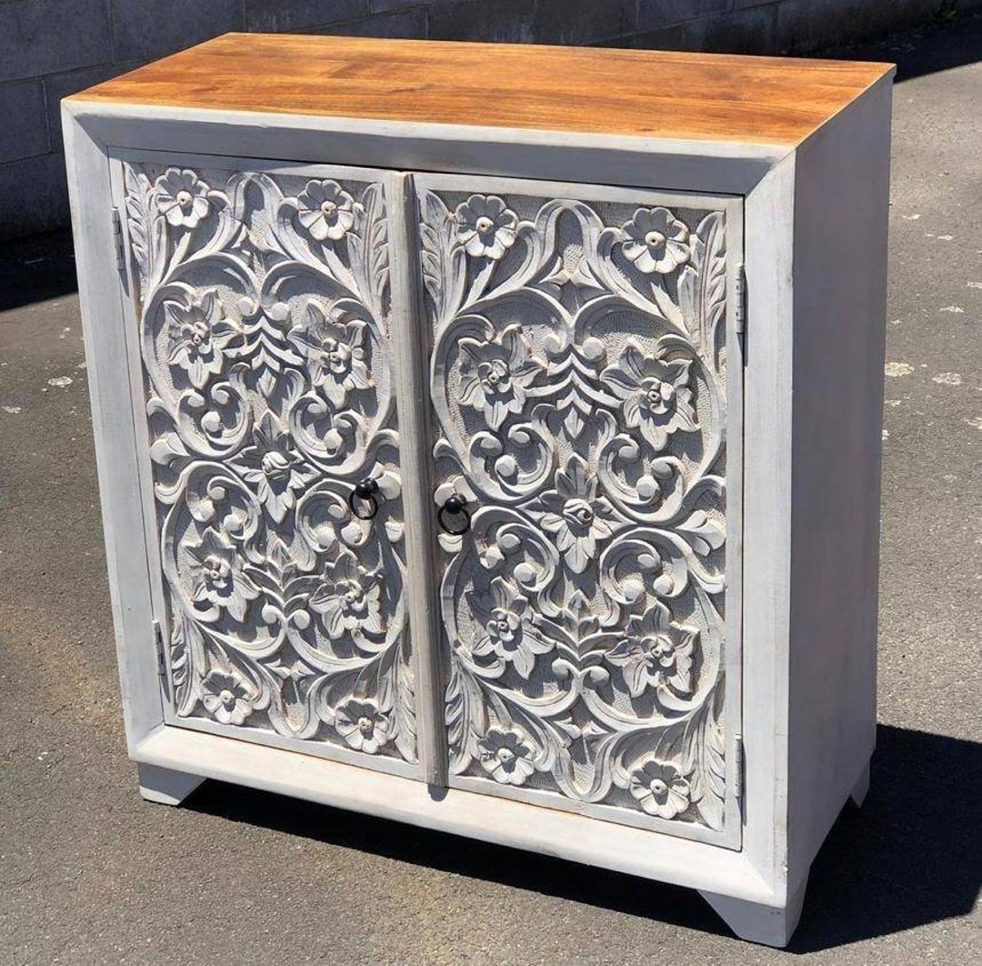 Carved Rustic Indian Cabinet, Solid Wooden Distressed White Finish ...