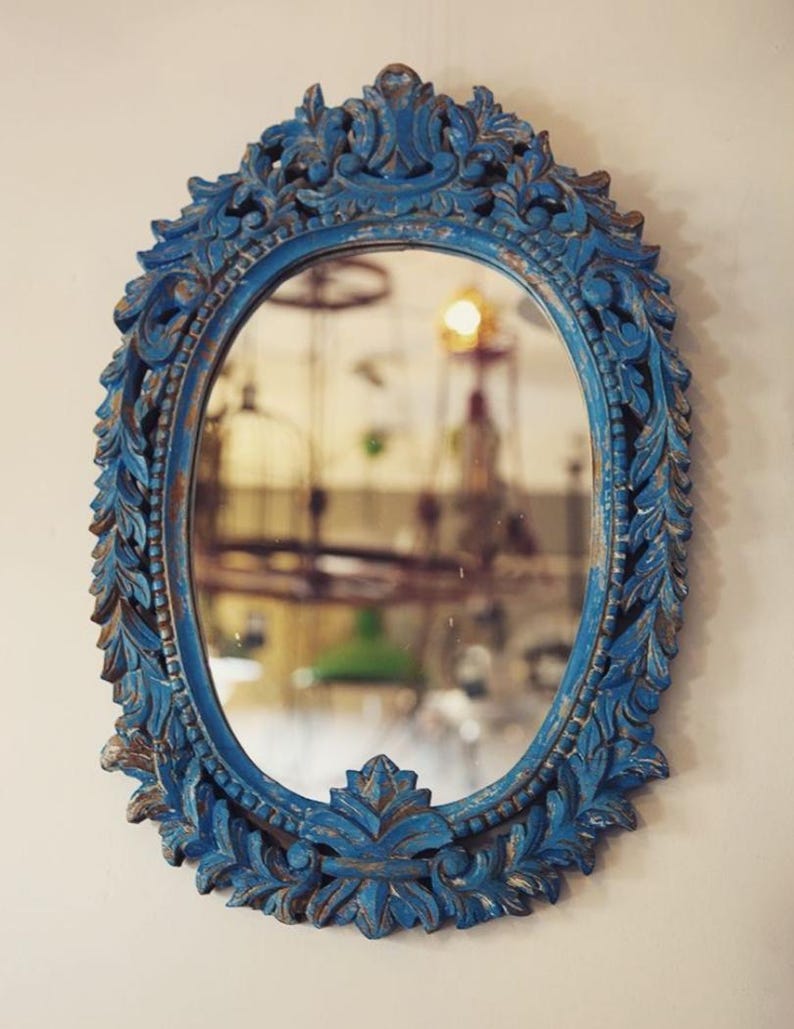 Vintage Inspired Mirror, Carved Rustic Blue Green Indian Mirror, Boho ...