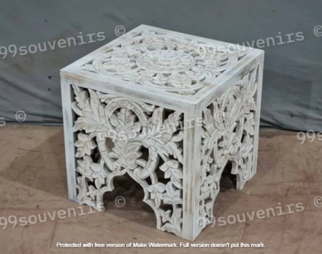 Rustic White Side Table, Indian Carved Bedside Table, Vintage Inspired ...