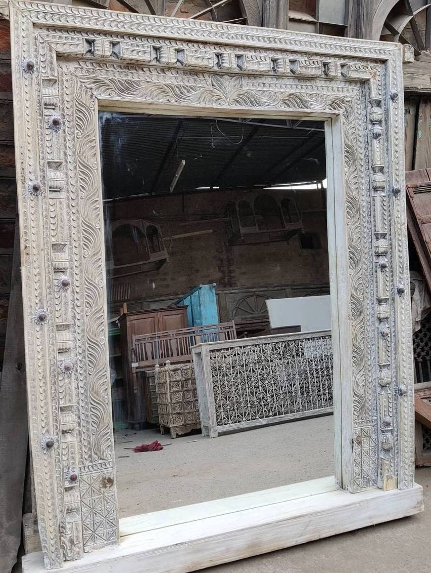 The Padmavati Indian Rustic Large Mirror, Carved Wooden Mirror ...