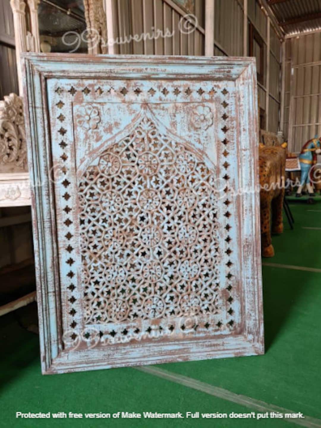 Antique Inspired Wall Panel, Rustic Blue Carved Wooden Wall Panel ...