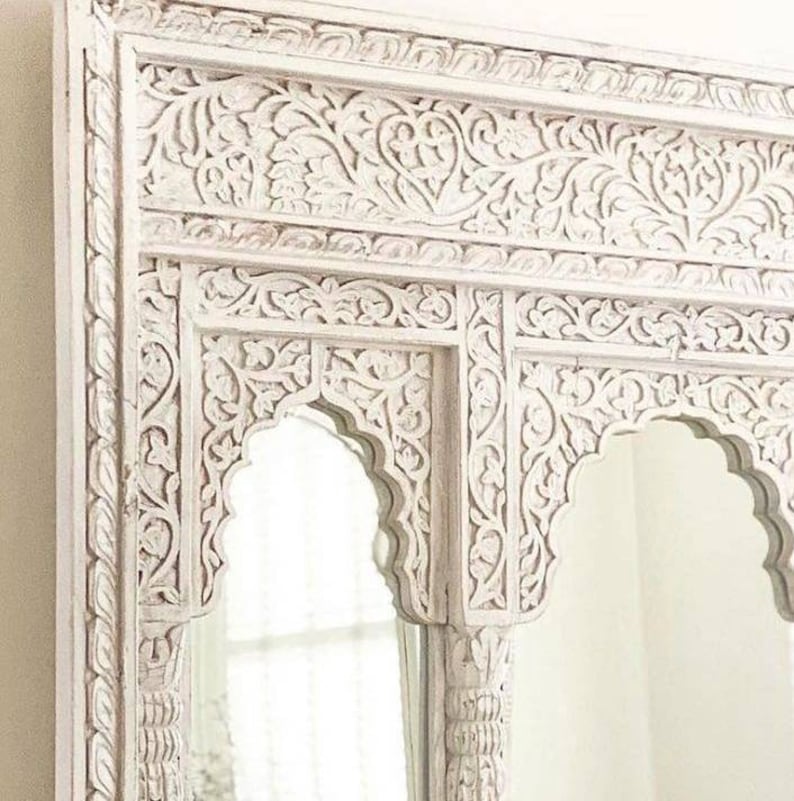 Indian Jharokha Mirror: Triple Arch Carved Mango Wood Rustic White Wall ...