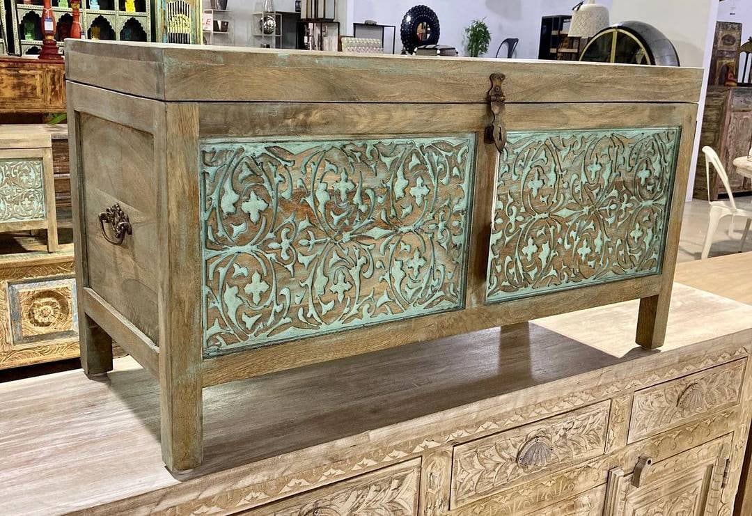 Vintage Style Carved Indian Trunk: Distressed Mango Wood Storage Box - Etsy