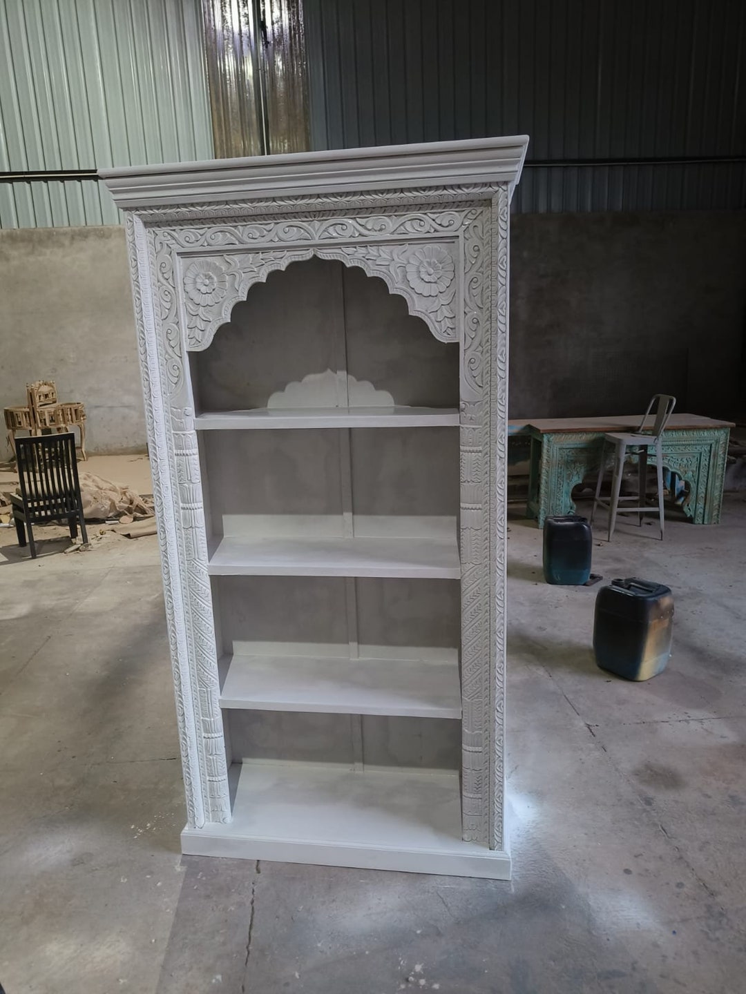 Boho Book Shelf, Carved Wooden Cabinet, White Book Shelf, Distressed ...