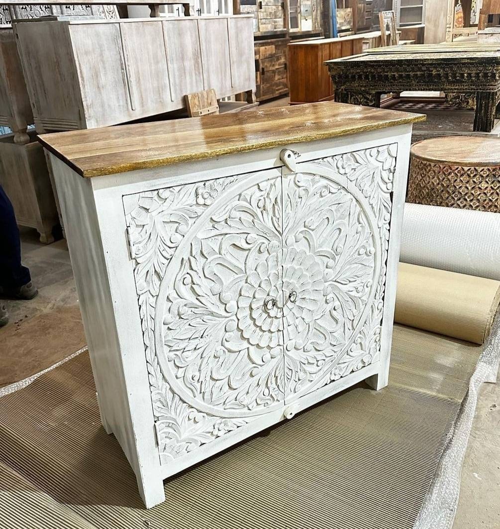 Carved Rustic Indian Cabinet, Solid Wooden Distressed White Finish ...