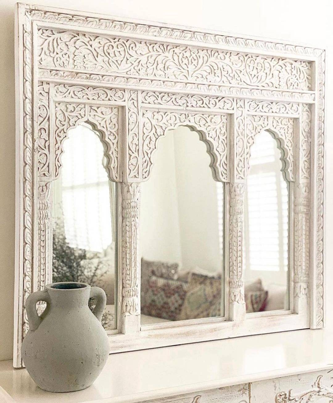 Indian Jharokha Mirror: Triple Arch Carved Mango Wood Rustic White Wall ...