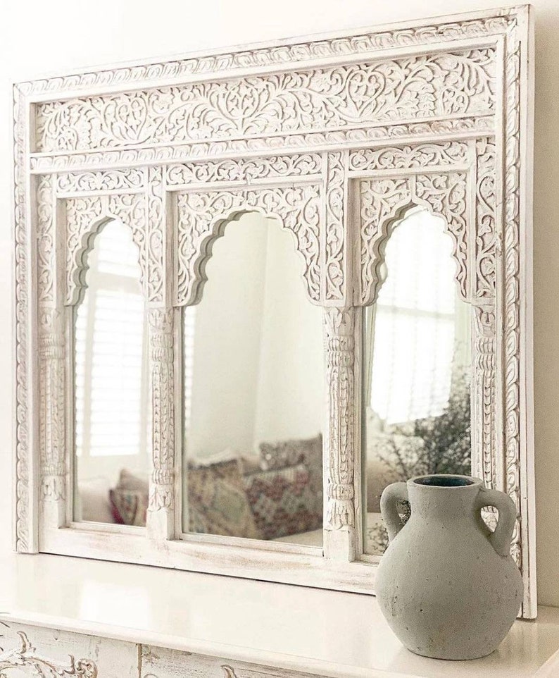 Indian Jharokha Mirror: Triple Arch Carved Mango Wood Rustic White Wall ...