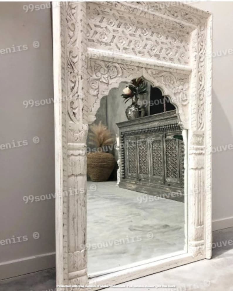 Bohemian Rustic Mirror White Wooden Wall Mirror Indian Arch - Etsy