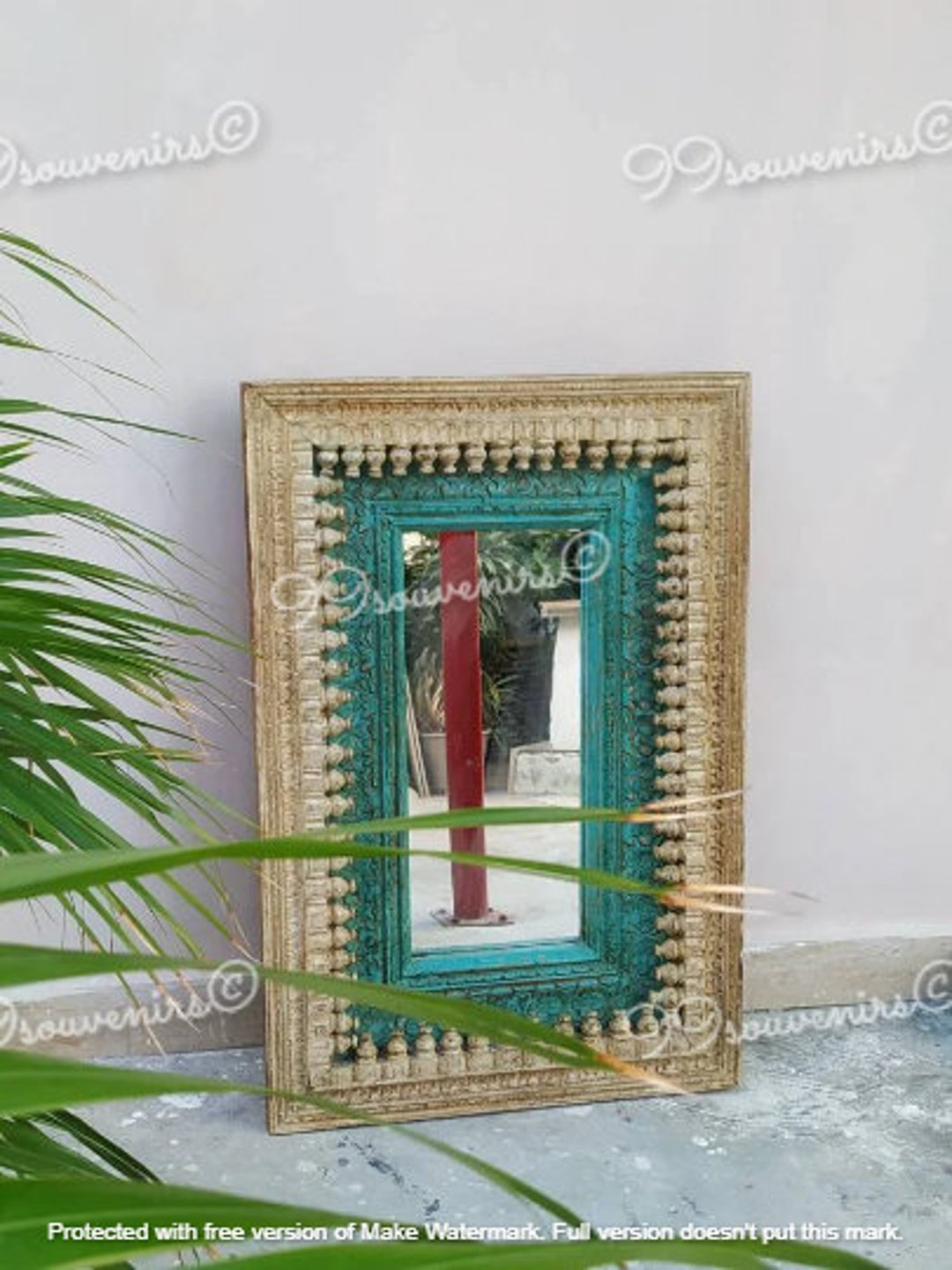 Boho Wall Mirror, Carved Wooden Spindle Mirror, Boho Mirror Frame ...