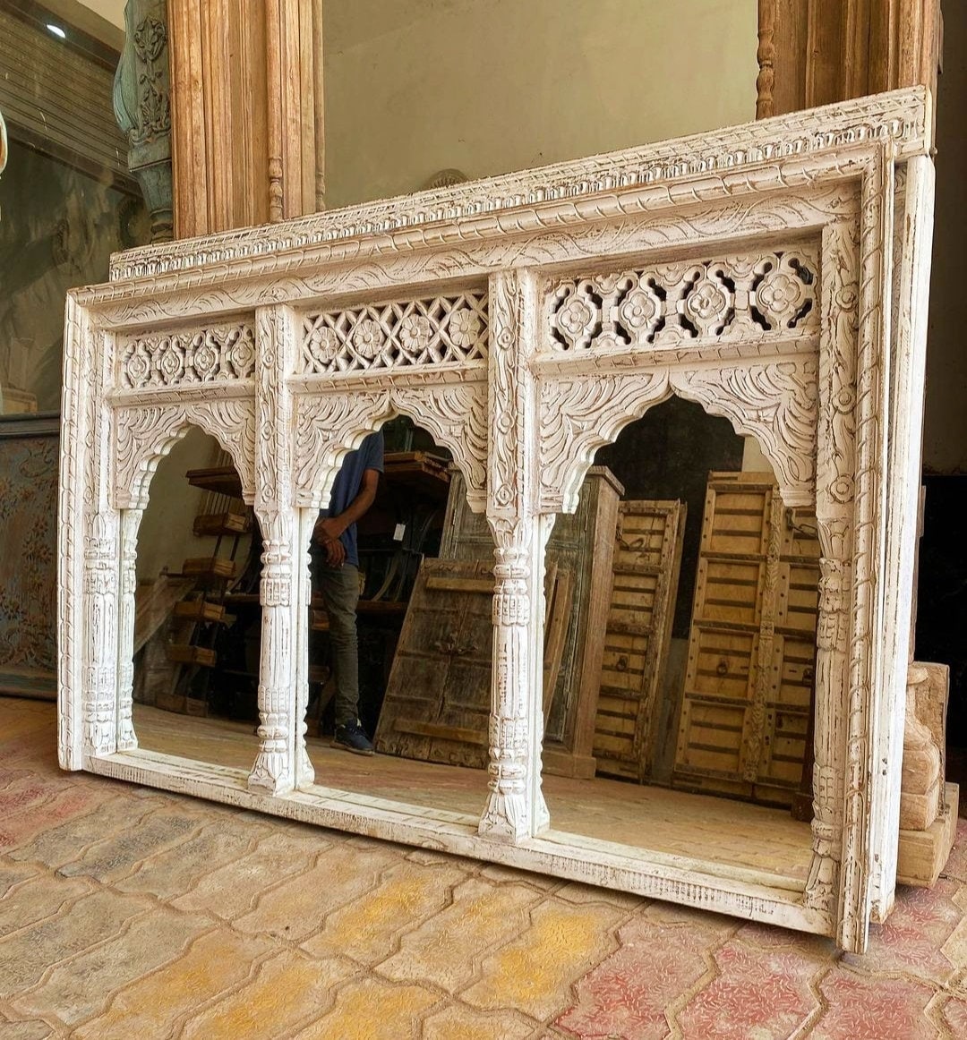 Indian Jharokha Mirror, Arch Carved Wooden Mirror, Rustic White Mirror ...
