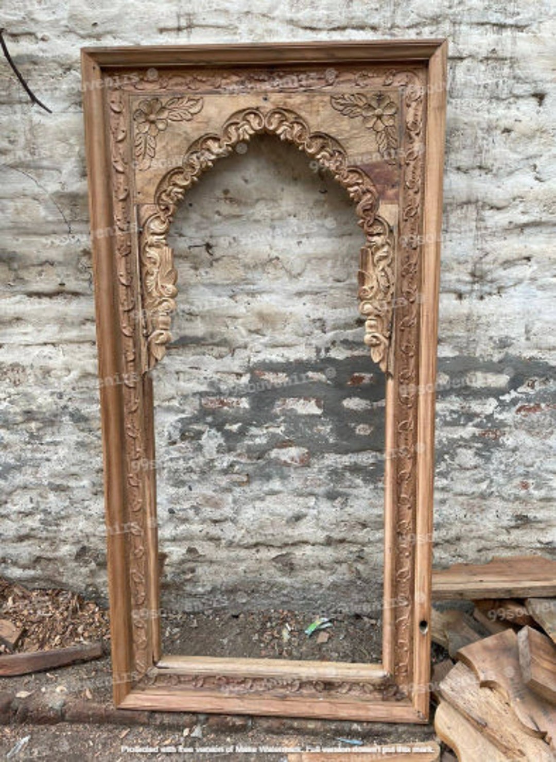 Vintage Inspired Indian Mirror, Carved Wooden Wall Mirror, Natural Wood ...