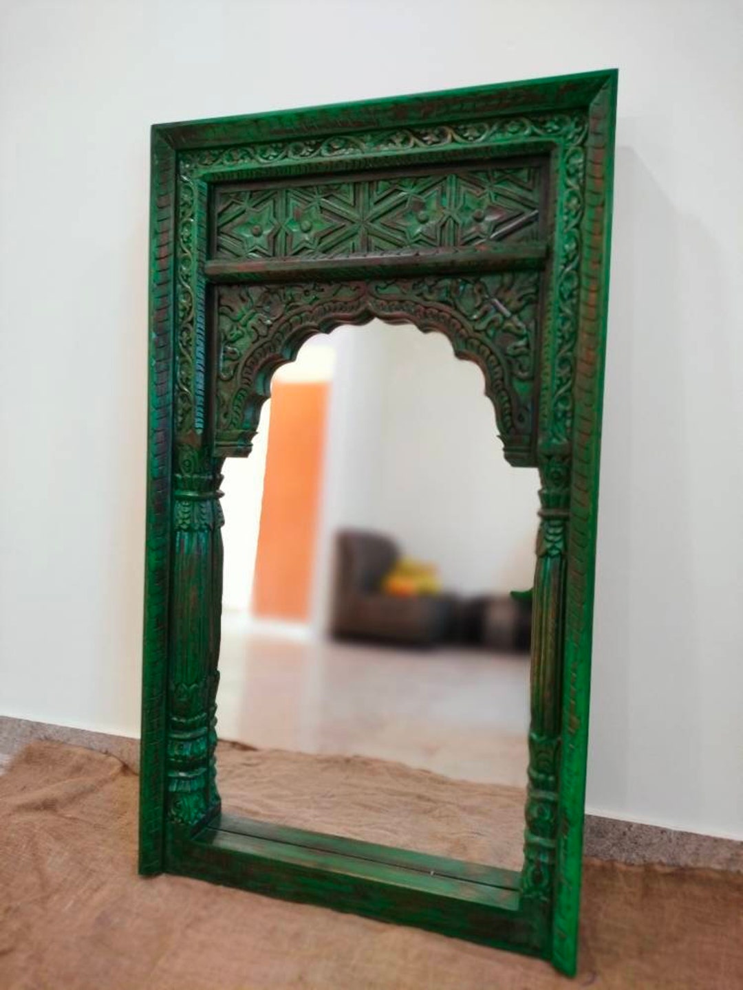 Vintage Style Indian Mirror, Distressed Green Finish Solid Wooden ...